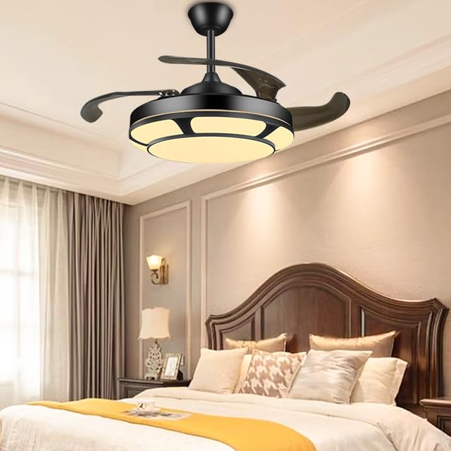 42 in Ceiling Fan,Retractable Ceiling Fans with Lights Remote Control,Ceiling Fans with Bladeless,Enclosed Fan with Dimmable Light,3 Color Ceiling Fan Light,Silent Fan Noiseless DC Motor (Black)