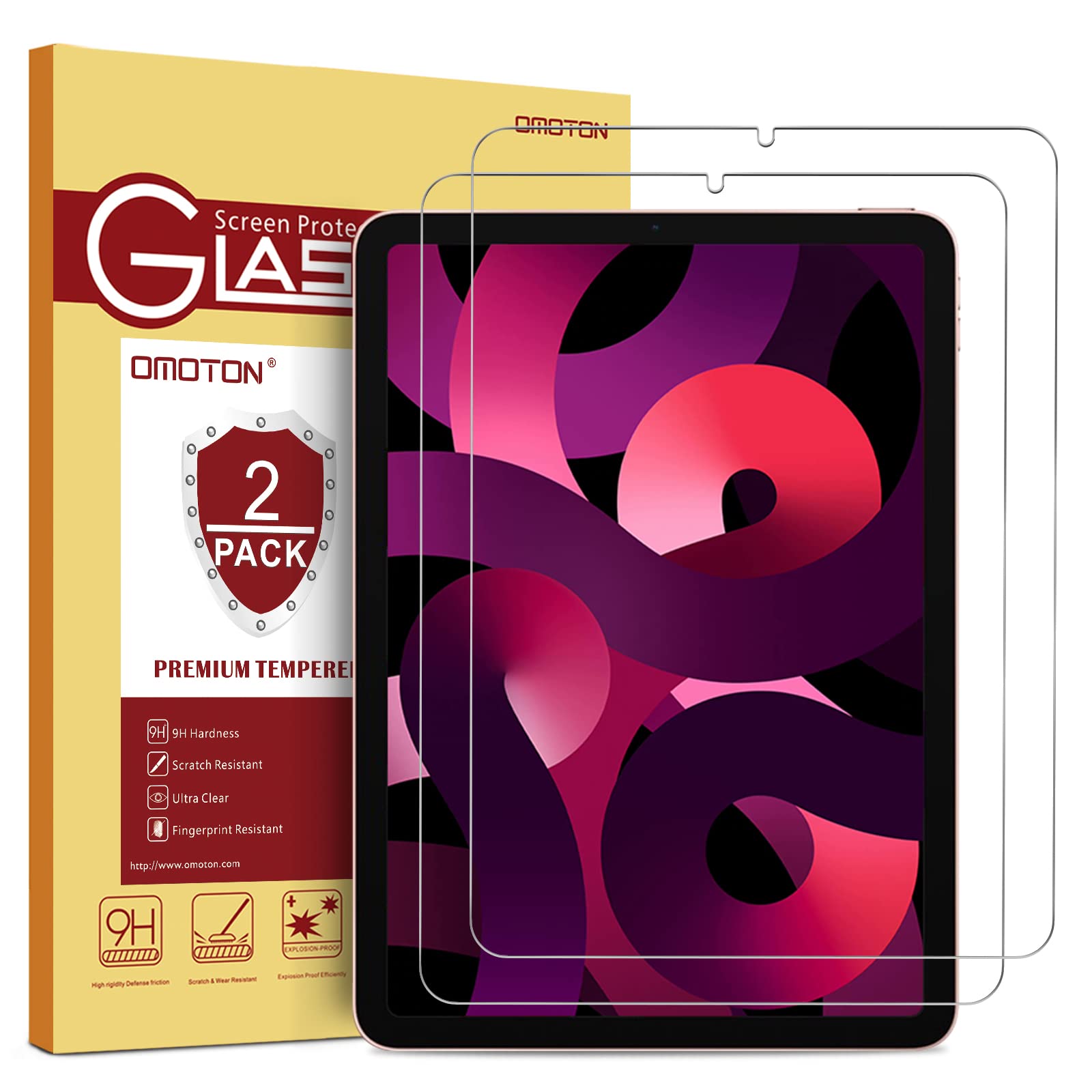 OMOTON [2 Pack] Screen Protector for iPad Air 5th Generation / 4th Generation, Compatible with iPad Air 5 / 4 10.9 Inch [Precise Cutout for Camera] [Work with Apple Pencil]