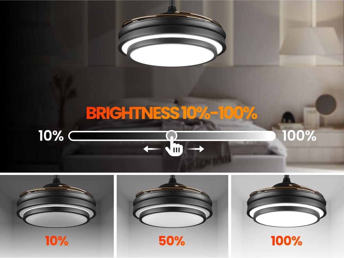 42 Inch Black Modern Ceiling Fan with Lights and Remote Retractable Fandelier Ceiling Fan 6 Speed Dimmable Memory LED Ceiling Fan Silent Reversible APP Control Smart Ceiling Fan for Bedroom Kitchen