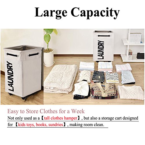 Haundry 86L Large Collapsible Laundry Hamper with Wheels, Rolling Large Clothes Hamper Basket, Wheeled Dirty Clothes Storage Bin, Beige