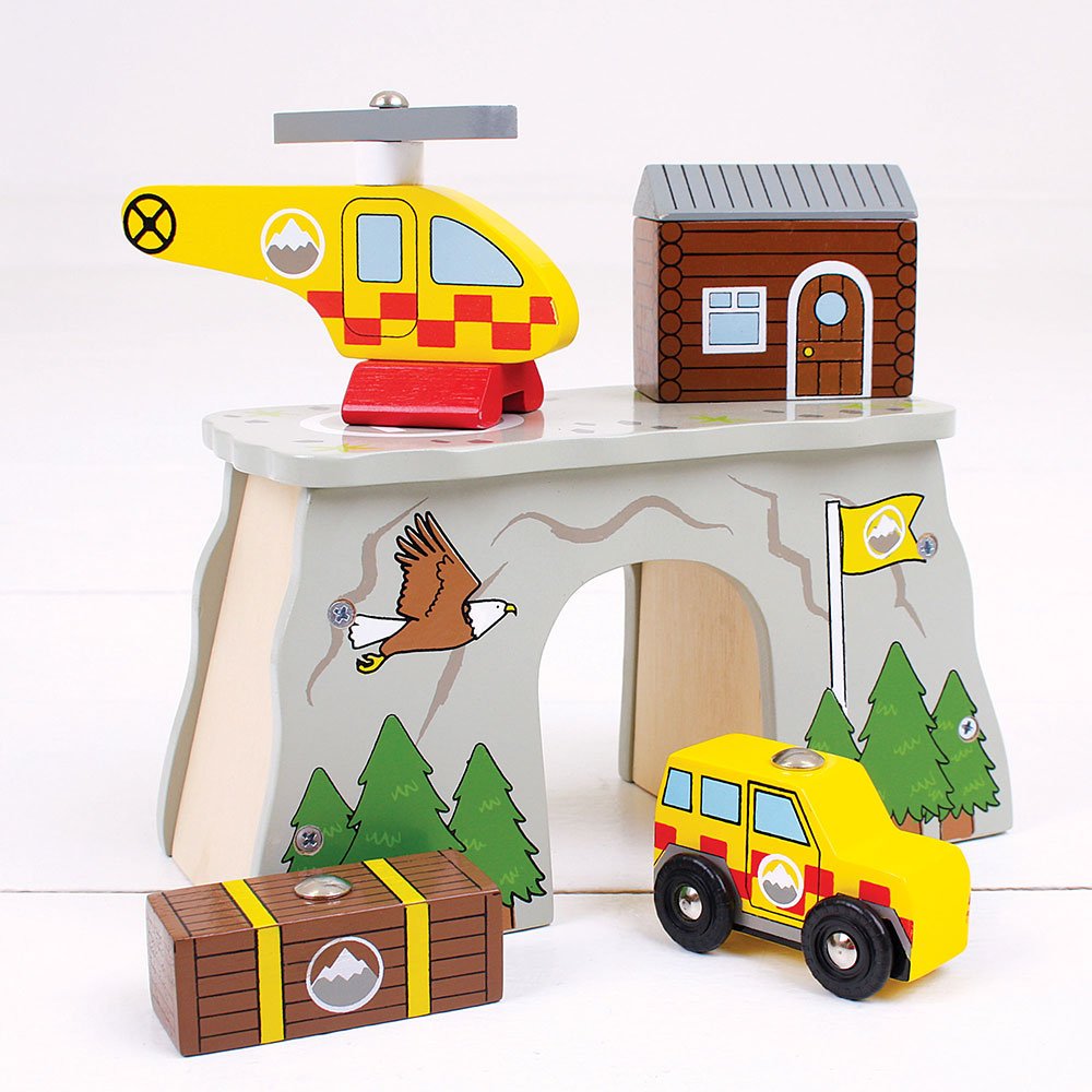 Bigjigs Rail Mountain Rescue Playset with Helicopter, Car, Log Cabin & Crate