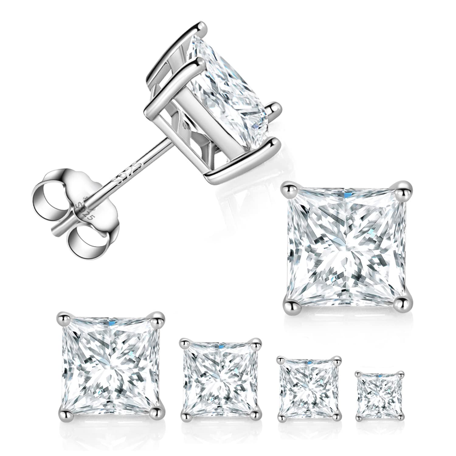4 Pairs 925 Sterling Silver Square Stud Earring Set, 18K White Gold Plated Princess Cut Clear Cubic Zirconia Hypoallergenic Earrings Pack for Women and Men