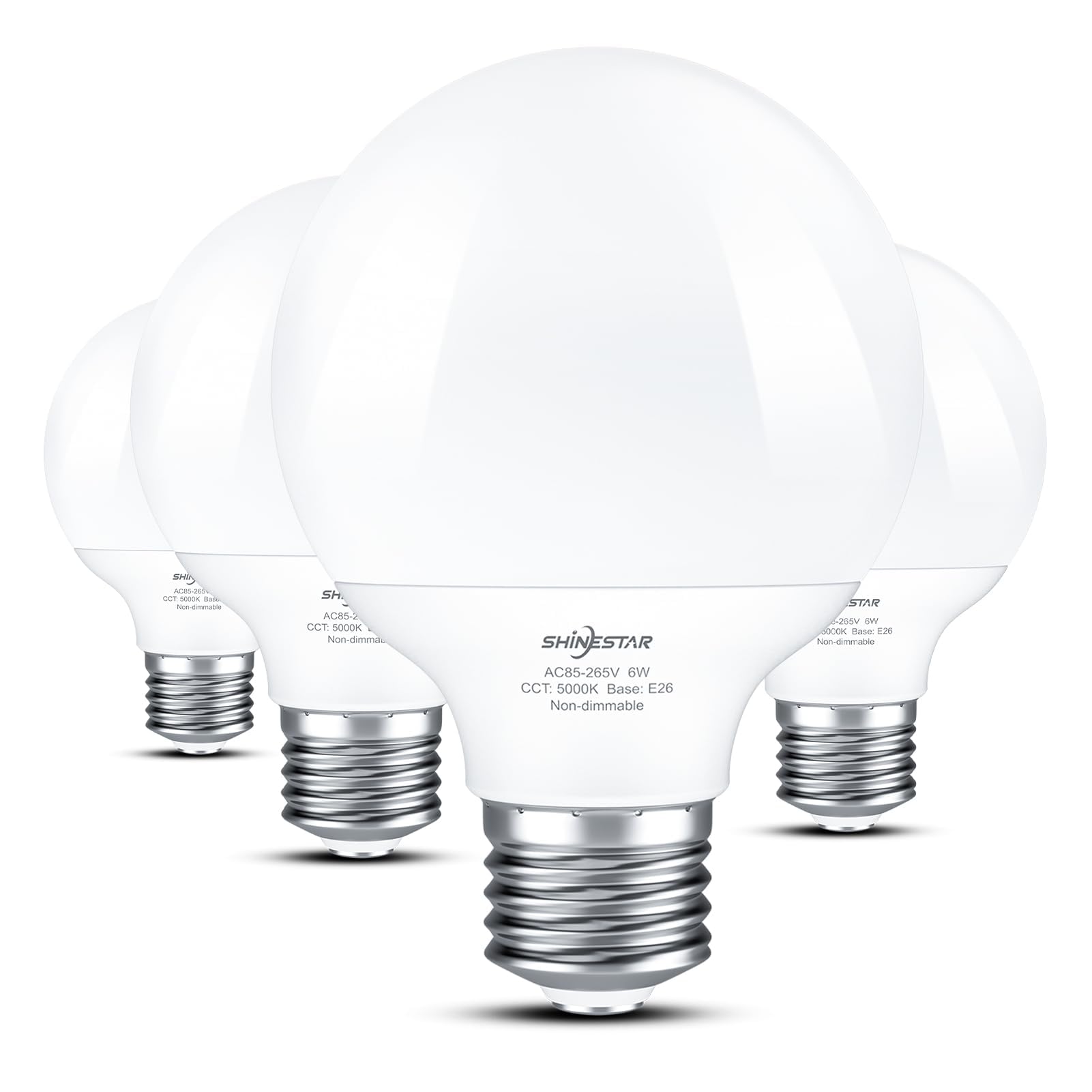 SHINESTAR 4-Pack Vanity Light Bulbs, 60W Equivalent, 5000K Daylight, G25 LED Globe Light Bulbs for Bathroom, E26 Medium Base, Non-Dimmable
