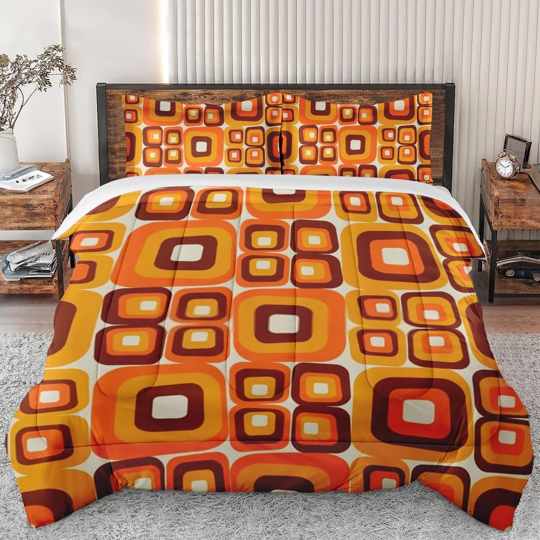Pinbeam Comforter Set King Size, 70S Retro Orange Brown Soft Bedding Set for Kids and Adults Bedroom Bed Decor, Yellow Beige Aesthetic Comforter Set with 2 Pillowcases