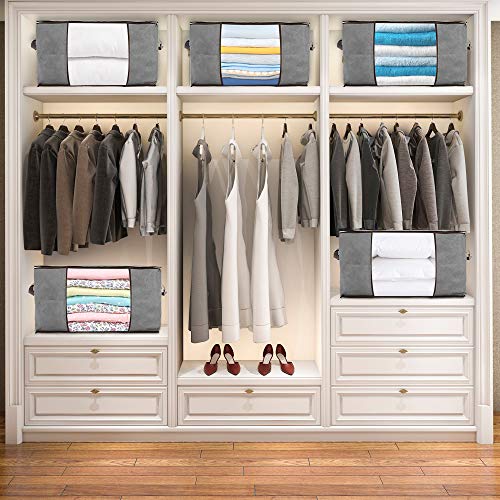 JERIA 6-Pack Extra Large Capacity Storage Bins with Clear Window, Closet Organizer and Clothes Storage Bags, Reinforced Handle and Sturdy Zipper (Grey)