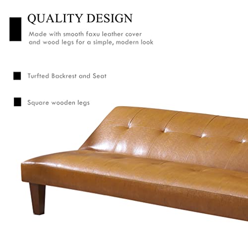 Audrey Living Futon Sofa Bed, Upholstered Modern Convertible Sleeper Sofa Couch Faux Leather for Small Living Room, Apartment, Dorm, Square Legs, 69”W (Tan)