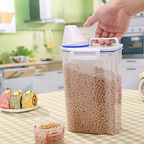 Airtight Food Storage Container with Lids 2L, Cereal Dispenser Rice Bin, Clear Plastic Storage Box with Airtight Design Measuring Cup Pour Spout, for Kitchen Flour Rice Sugar, Keeps Food Fresh Dry