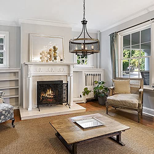 LALUZ Farmhouse Chandelier, Dining Room Light Fixture, Drum Chandeliers, 16β Width, Oil Black & Wood Painted Finish