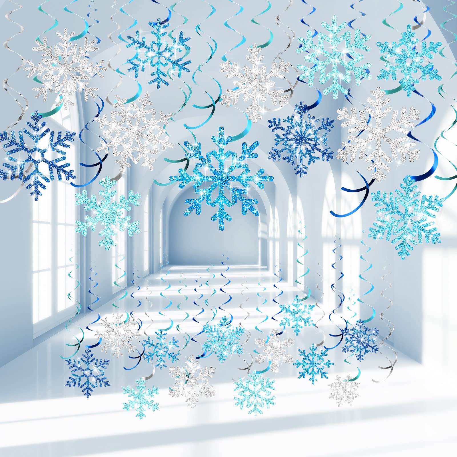 30 Pcs Winter Snowflake Birthday Baby Shower Decor Christmas Swirls Snowflake Foil Hanging Ceiling Decor for Frozen Winter Xmas New Year Holiday Wedding Party Supplies (Assorted Colors)
