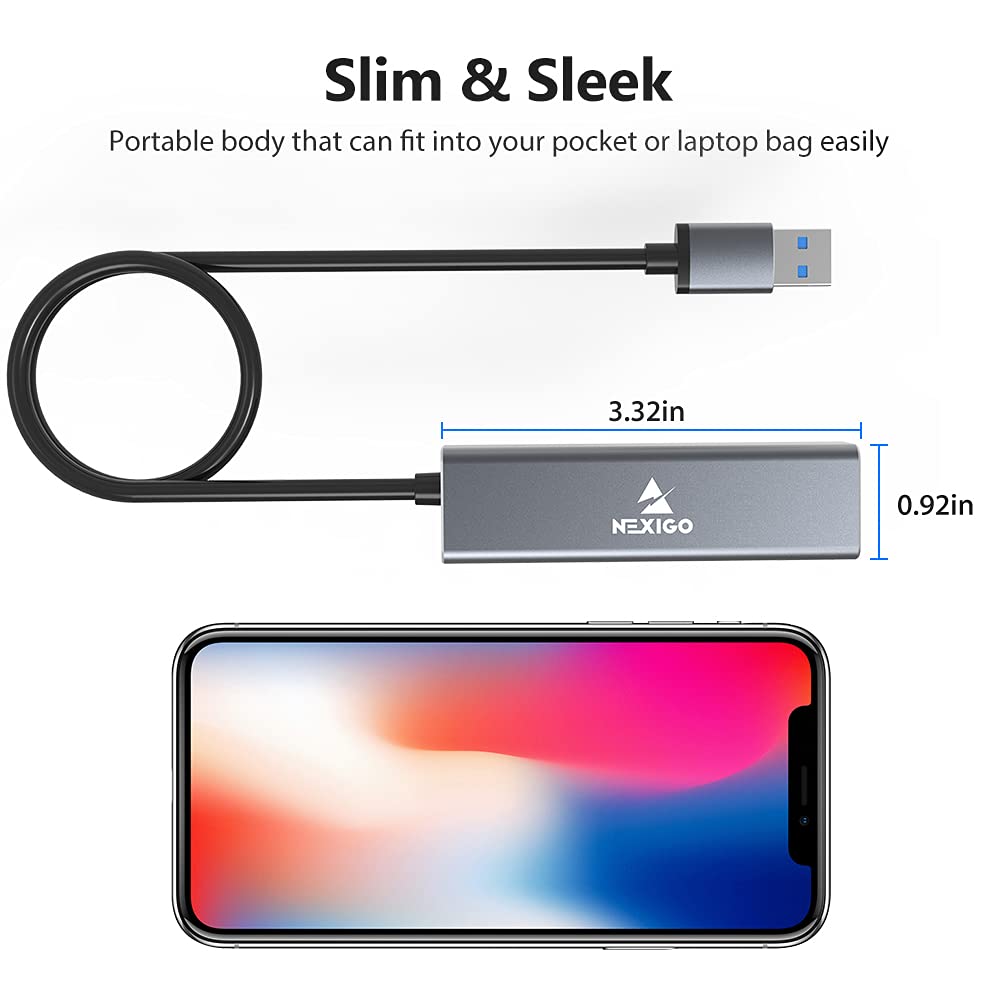 NexiGo 4-Port USB 3.0 Hub, Aluminum Portable USB Hub, 2 Ft Cable, [5Gbps High Speed, 4.5W Charging Supported] for MacBook, Mac Pro/Mini, iMac, Surface Pro, Laptop, USB Flash Drives, Hard Drives