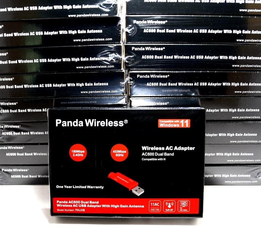 Panda Wireless® PAU0B AC600 Dual Band (2.4GHz and 5GHz) Wireless N USB Adapter W/High Gain Antenna - Windows 7/8/8.1/10/11, Zorin, Mint, Ubuntu, openSUSE, Fedora, Kali Linux and Raspbian