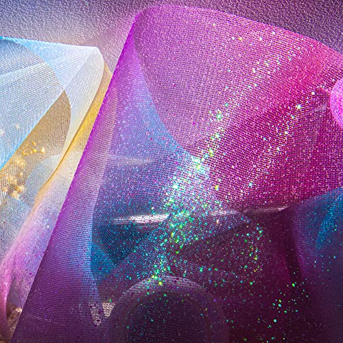 AUEAR, 2 Pack Total 60 Feet x 6inch Glitter Tulle Netting Rolls for Table Runner Chair Sash Bow Wedding Unicorn Party Pet Tutu Skirt Sewing Crafting Fabric Birthday Gift Ribbon (Rainbow Pack)