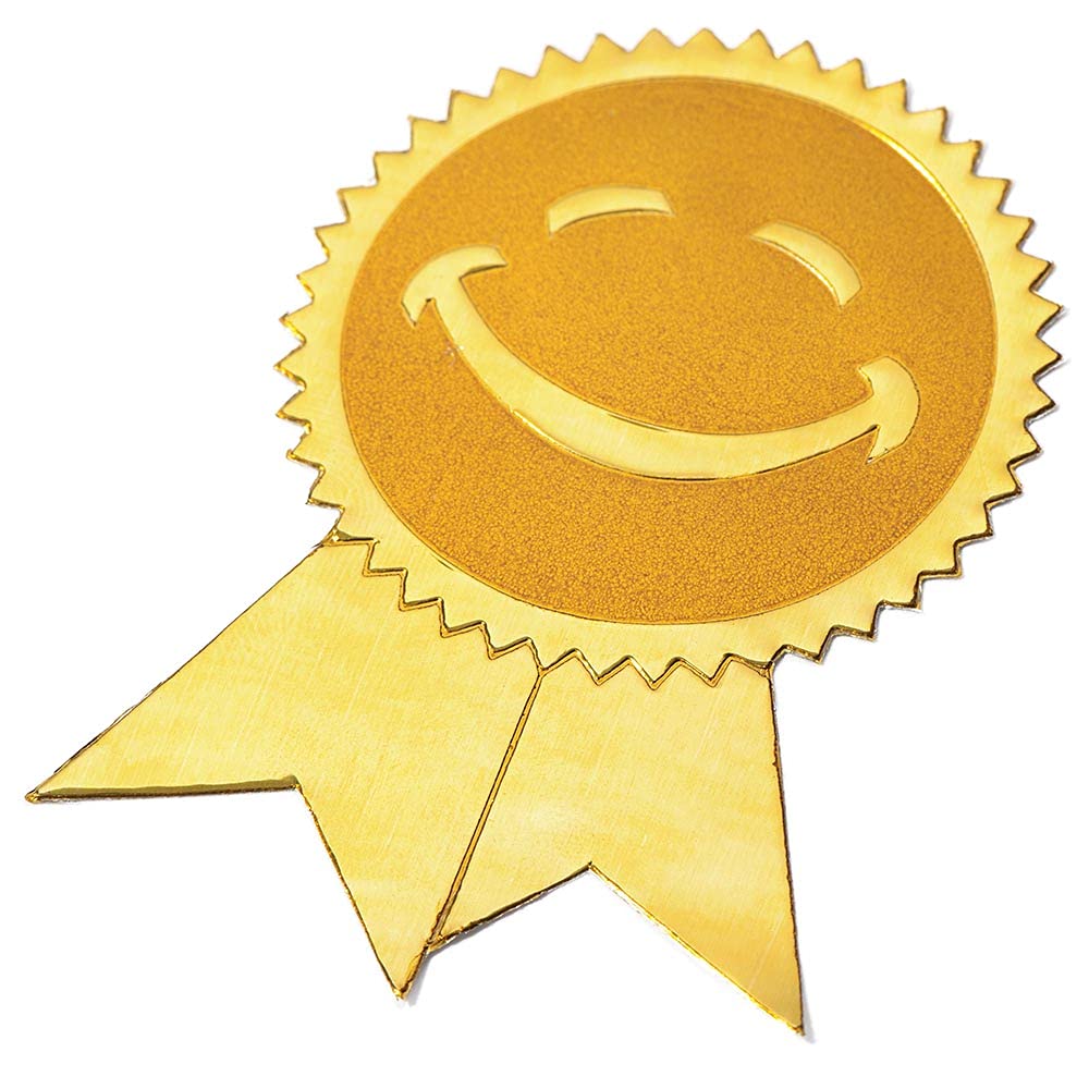 PaperDirect Smiling Face Embossed Gold Foil Ribbon Certificate Seals, 2 Inch, Self Adhesive, 102 Count, Embossed Seals for Certificates, Achievement and Award Stickers for School, Work, Diploma