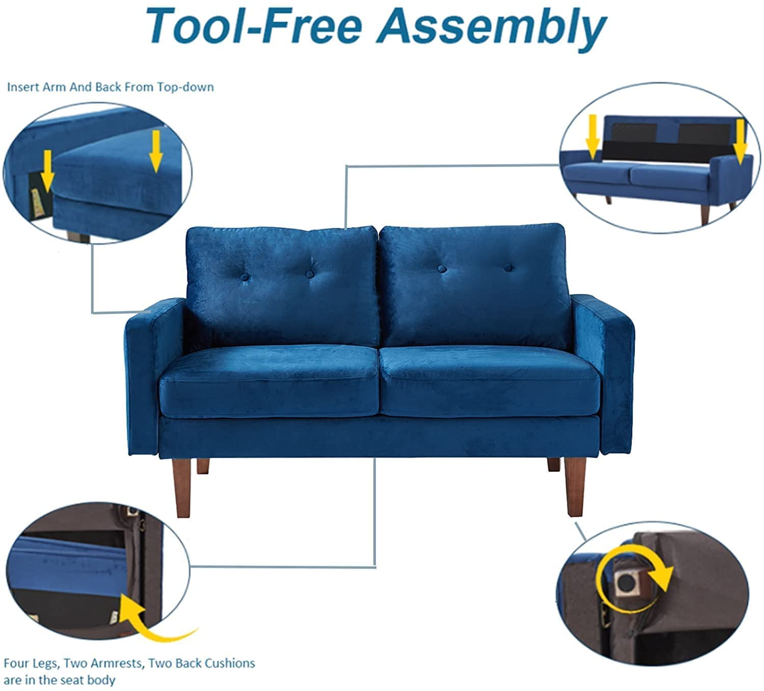 Bettermade Loveseat Sofa,Futon Sofa for Living Room, Velvet Cover Modern Design Couch,Tools-Free Assemble,2 Seats with 600 LB Load,Blue