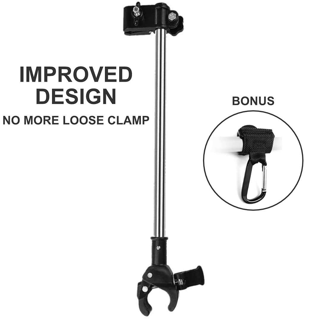 SILLY MONKEY Improved Design Umbrella Holder and Bonus Stroller Hook - Adjustable Parasol Clamp Mount for Stroller, Wheelchair, Rollator, Bike, Pram Sunshade - Complete with Non-Slip Multipurpose Clip