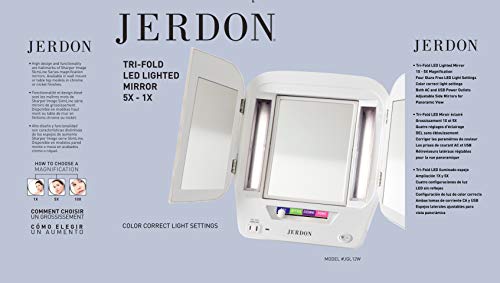 JERDON Tri-Fold Two-Sided Makeup Mirror with LED Lights - Vanity Mirror with 5X-1X Magnification & Multiple Light Settings - White - Model JGL12W