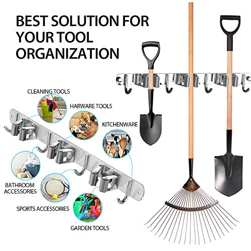 JEWJIO Broom Mop Holder Wall Mounted - Broom Storage Rack Utility Hanger 3 Racks 4 Hooks for Bathroom Home Kitchen Office Closet Garage Stainless Steel Heavy Tool Storage Rack (15 Inch)