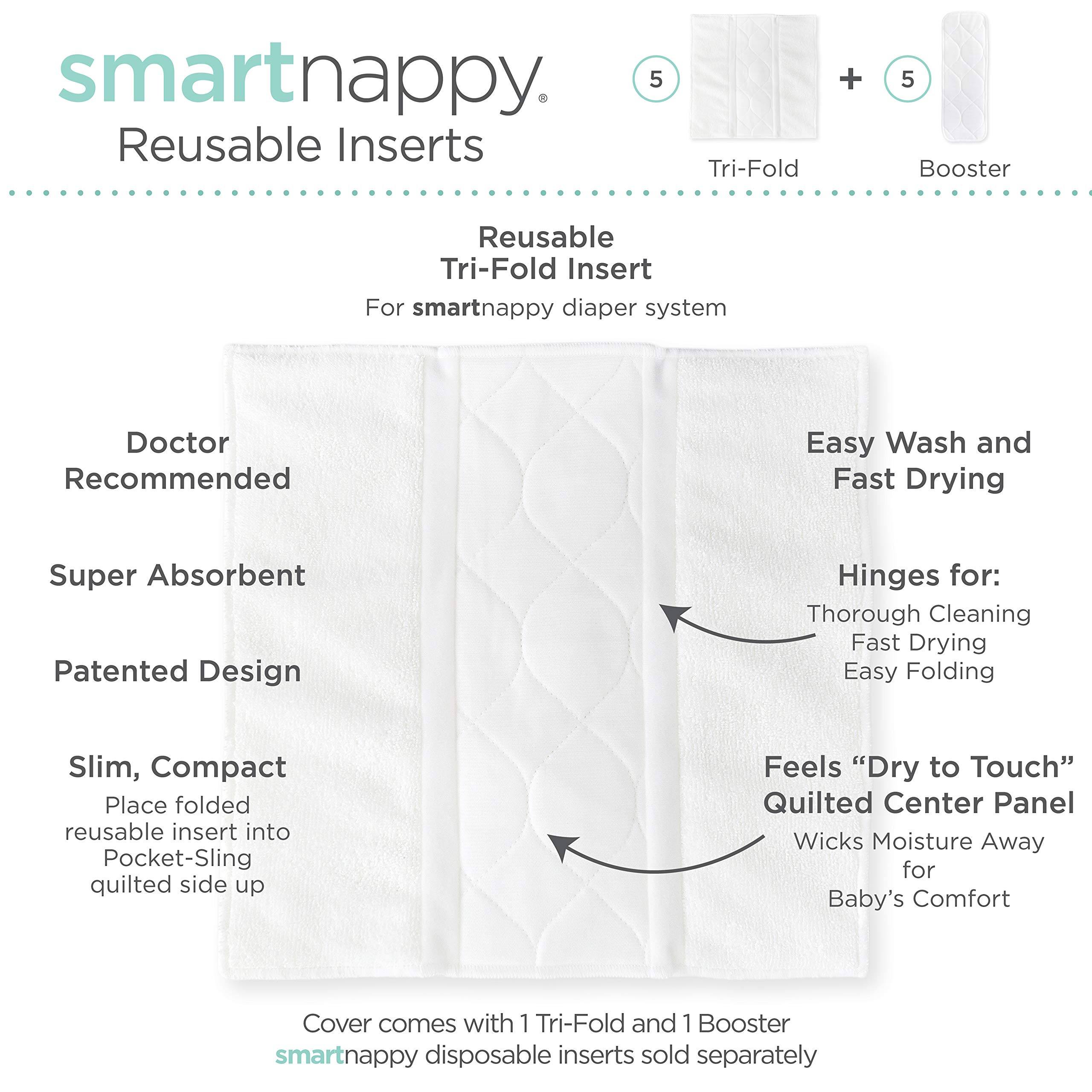 Smart Nappy Cloth Diaper Reusable Inserts, Set of 10, Fits Honest Hybrid Diaper Cover, Fits Amazing Baby SmartNappy Cover, Pocket-Sling Compatible, 5 Tri-fold & 5 Boosters, Size Med/Large
