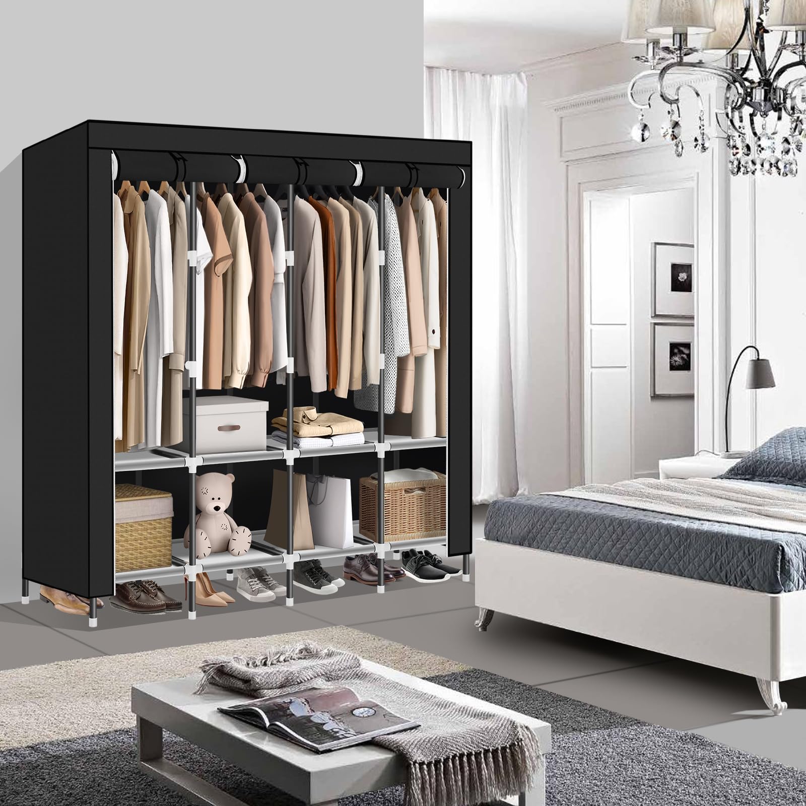 LOKEME Portable Closet,19mm Diameter Portable Closets for Hanging Clothes,Black Closet with 4 Hanging Rods and 8 Storage Shelves,Non-Woven Fabric,Easy to Assembly,67.9x18.4x70.8 Inches