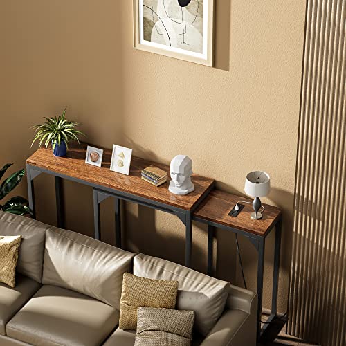 AISUNDY Console Table with Power Outlet & USB Ports, 63 Inch Narrow Long Sofa Table Set, Rustic Entryway Table Behind Sofa Couch, Industrial Vintage Hallway Table Nesting Side Table, Set of 2