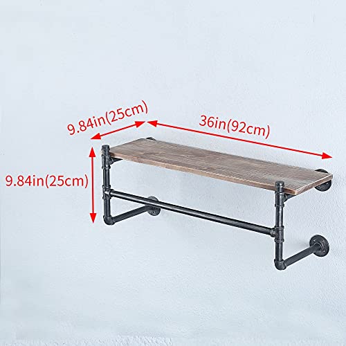 JIANZHUO Industrial Pipe Clothing Rack Wall Mounted with Real Wood Shelf,Rustic Retail Garment Rack Display Rack Cloths Rack,Pipe Shelving Floating Shelves Wall Shelf,36in Commercial Clothes Racks