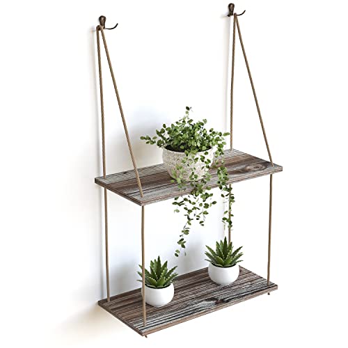 J JACKCUBE DESIGN Hanging Shelves Wall Plant Shelf Floating Shelves with Rope for Bedroom Bathroom Living Room Farmhouse Boho Room Decor, Triangle Rope Rustic Wood Display Shelf(Set of 2) - MK555AA