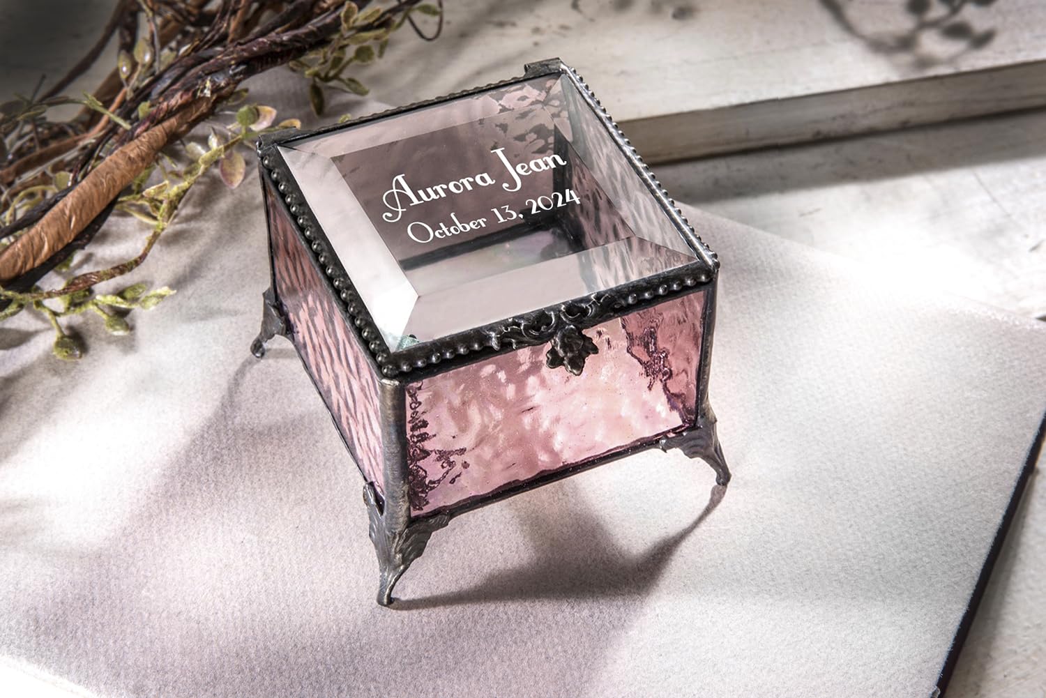 Personalized Baby Keepsake Box Customized Baptism Christening Gift Engraved Glass Jewelry Trinket J Devlin Box EB217-2 (Pink)