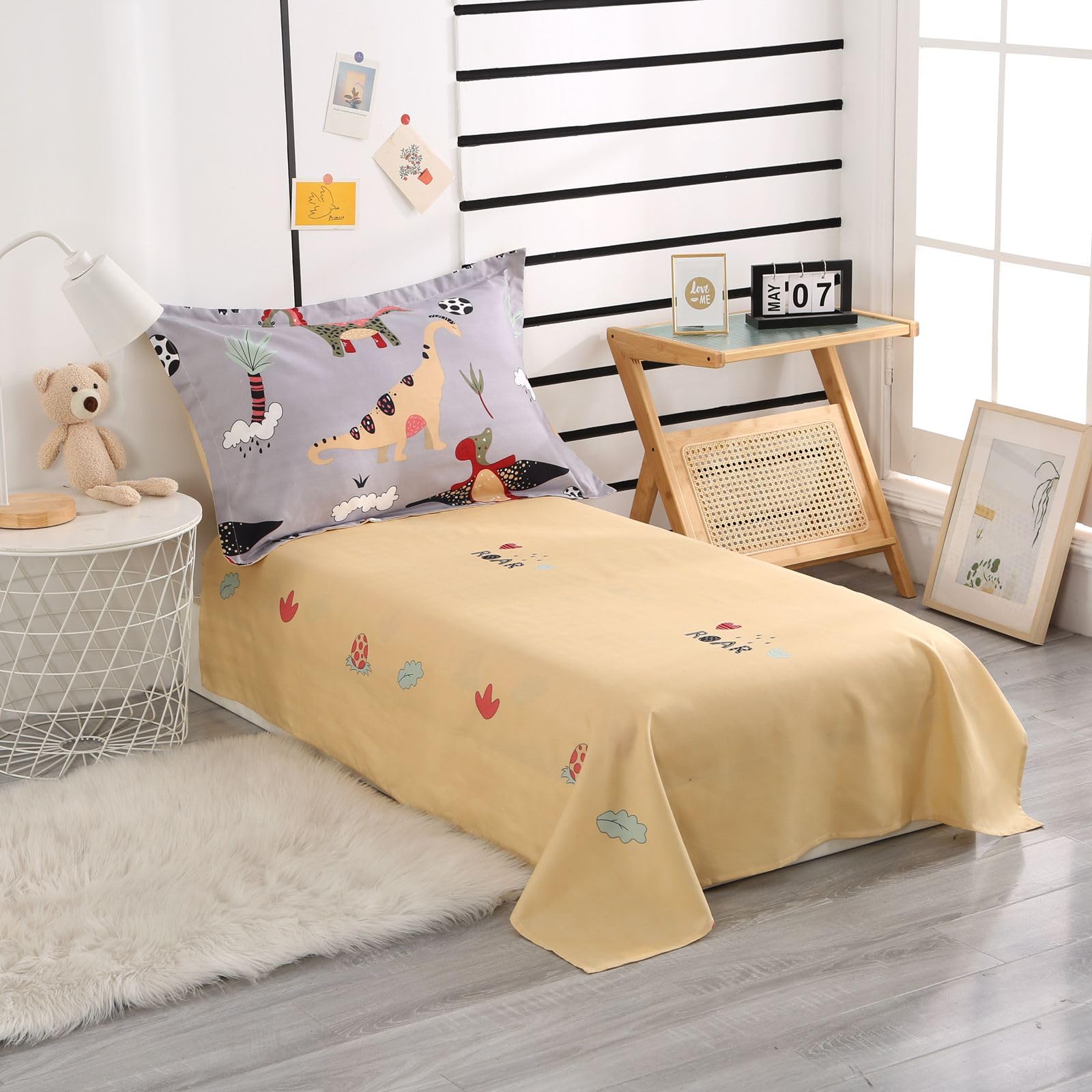 Wowelife Dinosaur Toddler Bedding Sets for Boys Grey Toddler Bed Sheets Sets Kids Toddler Comforter Set Soft Breathable with Quilted Comforter, Flat Sheet, Fitted Sheet and Pillowcase