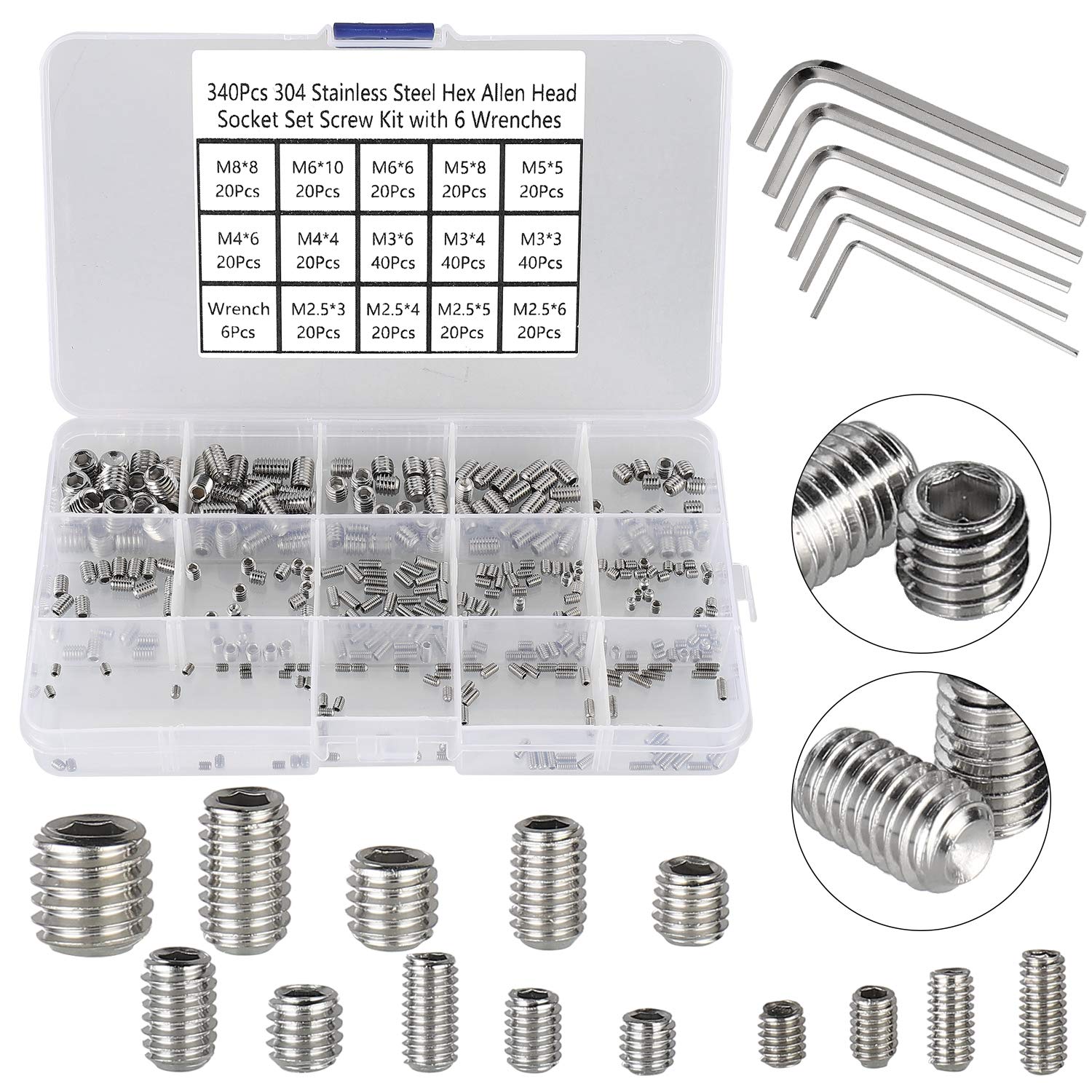 HanTof 340Pcs M2.5, M3, M4, M5, M6, M8 Metric Hex Socket Head Cup Point Set Screws, Allen Head Grub Screw, Internal Hex Drive Headless Set Screw Assortment Kit with 6 Hex Wrenches, 304 Stainless Steel