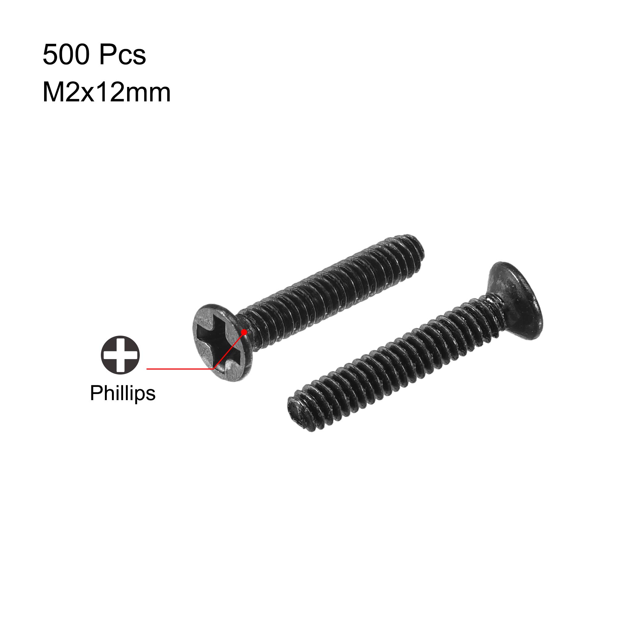 uxcell M2 x 12mm Phillips Screws Fastener Black for Laptop PC TV Fan Switch 500pcs