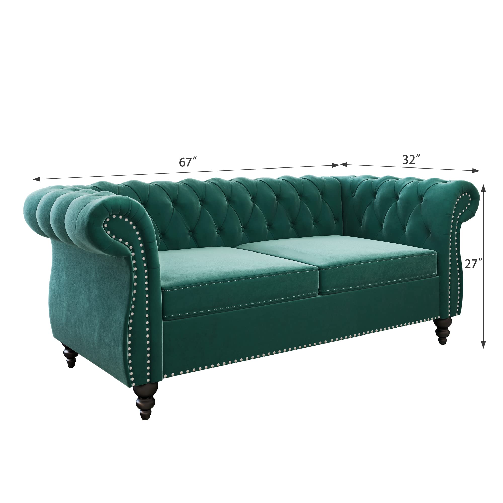 3 Piece Living Room Set, Velvet Chesterfield Sofa Loveseat Couch Chair with Scroll Arms and Nailhead for Living Room, Office (Green)
