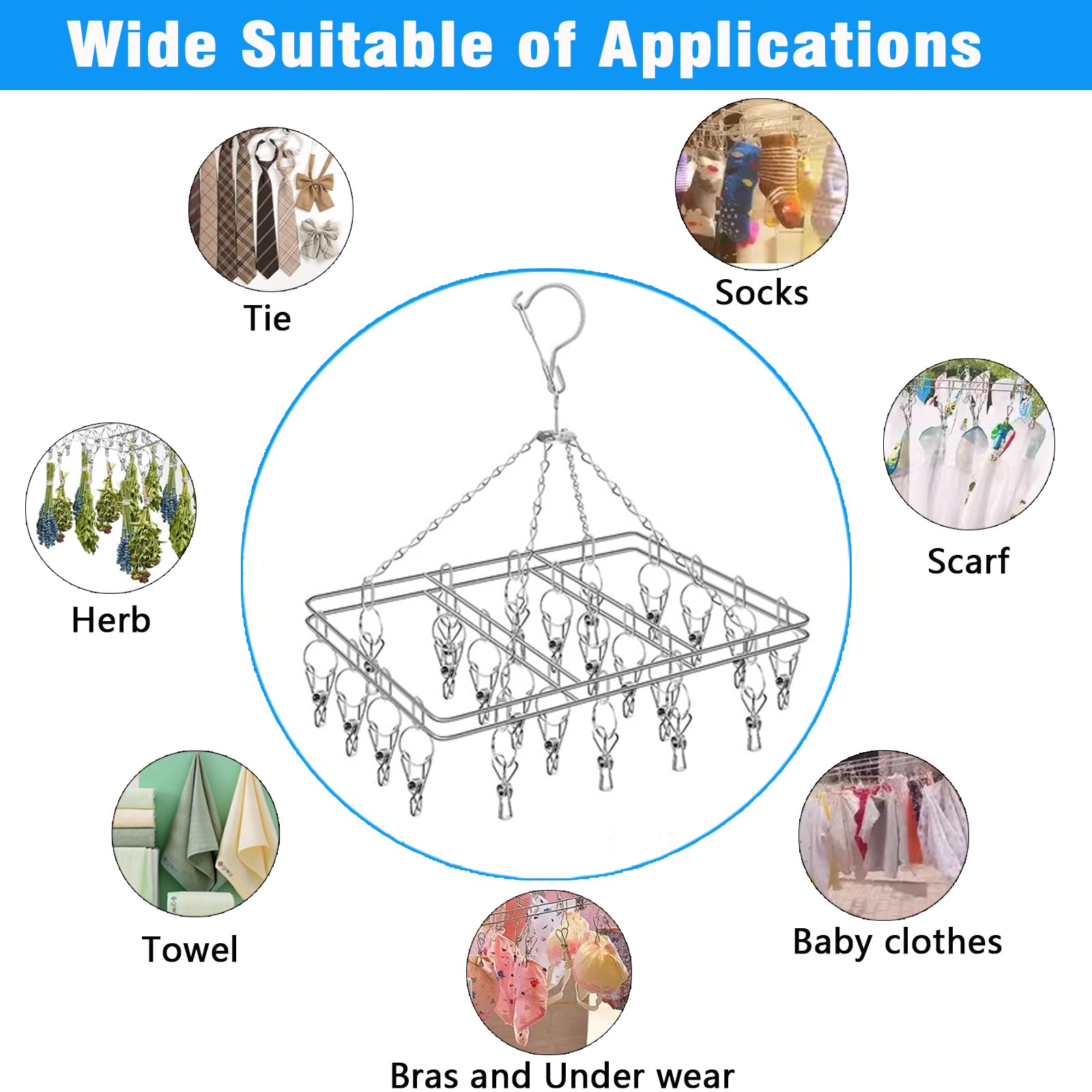 SYJINHUASY Tainless Steel Sock Drying Rack with 20 Clips, Stainless Steel Space-Saving Dryer Rack Washline for Sock,Underwear Etc Small Laundry Items (Stainless Steel-Square)