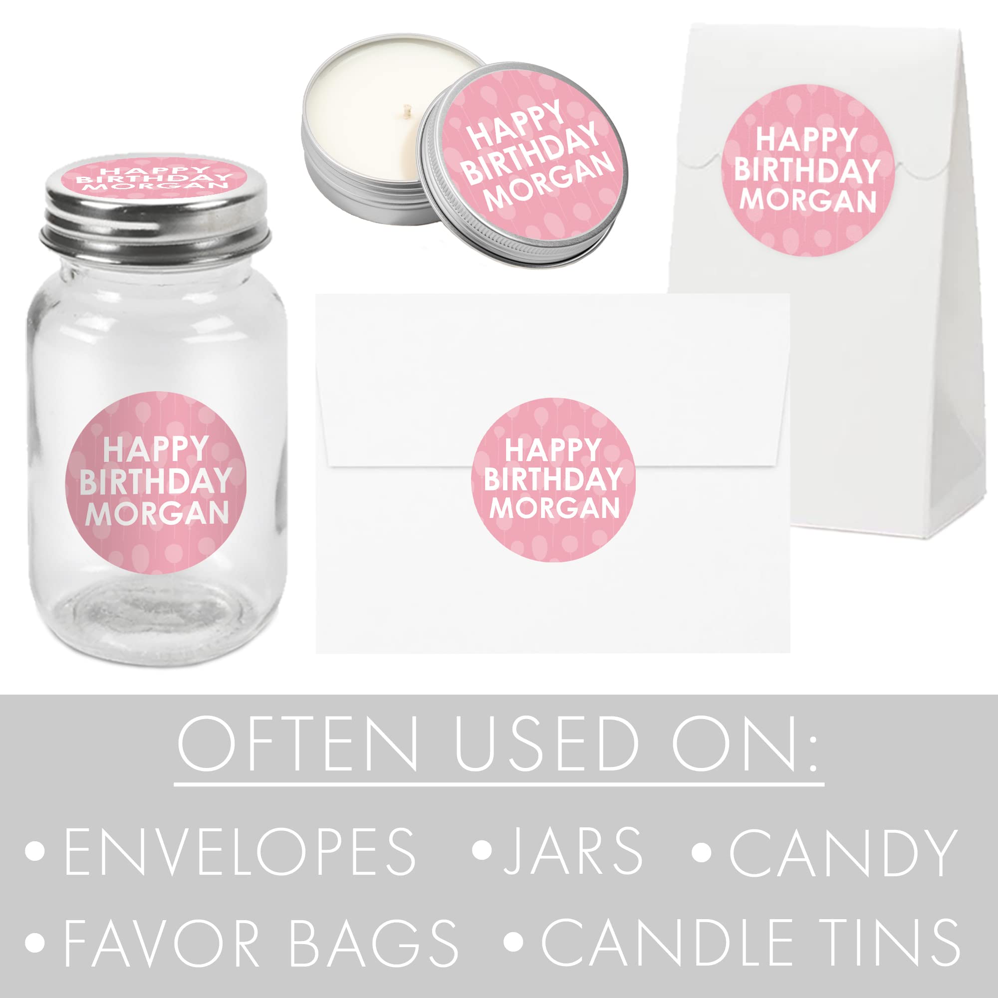 Personalized Happy Birthday Party Favor Stickers with Name - Custom Envelope Seals, Bag Stickers - 1.75 in. Round - 40 Labels (Light Pink)