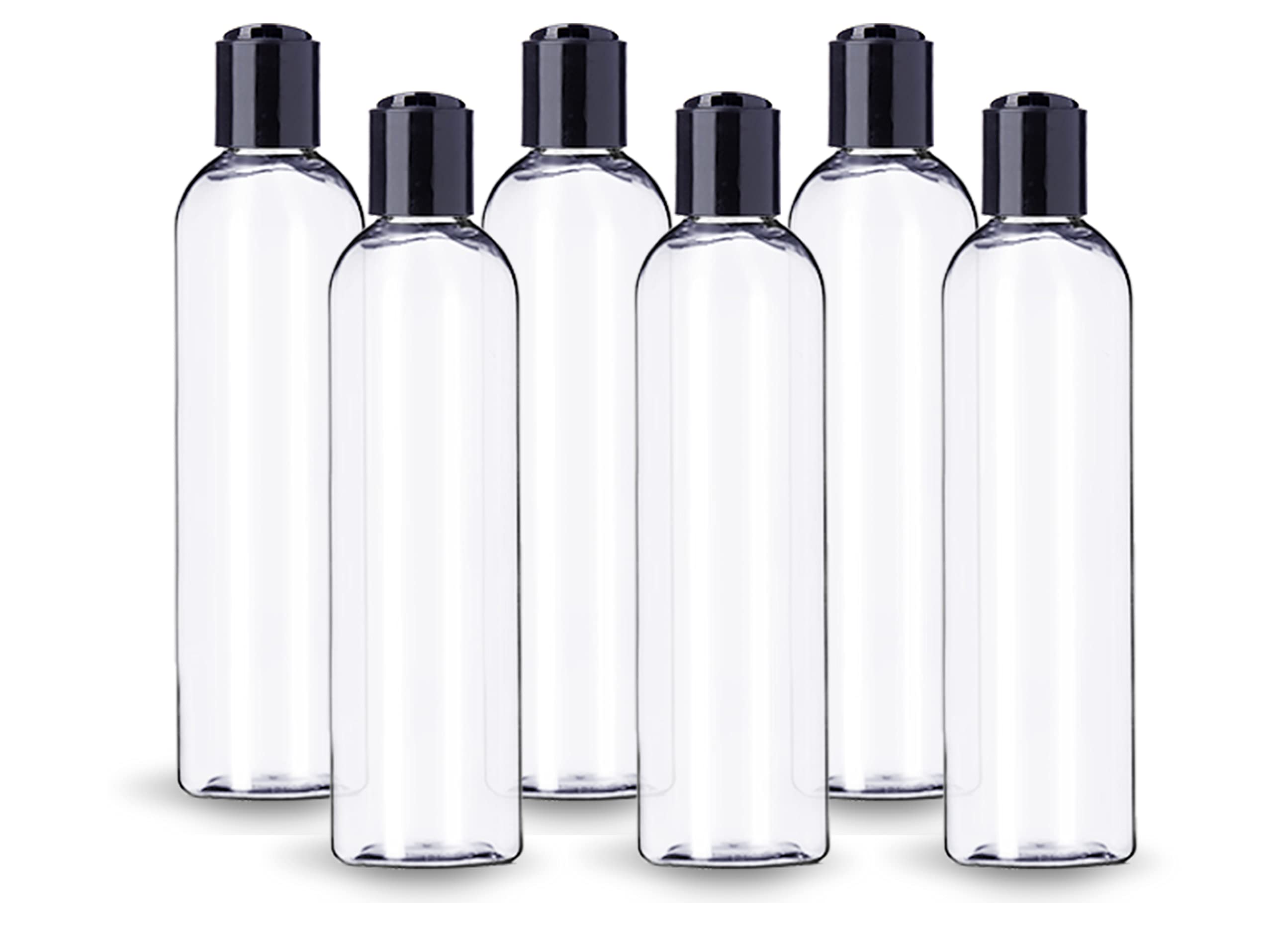 ljdeals 8 oz Clear Plastic Empty Bottles with Black Disc Top Caps, Refillable Containers for Shampoo, Lotions, Cream and More Pack of 6, BPA Free, Made in USA