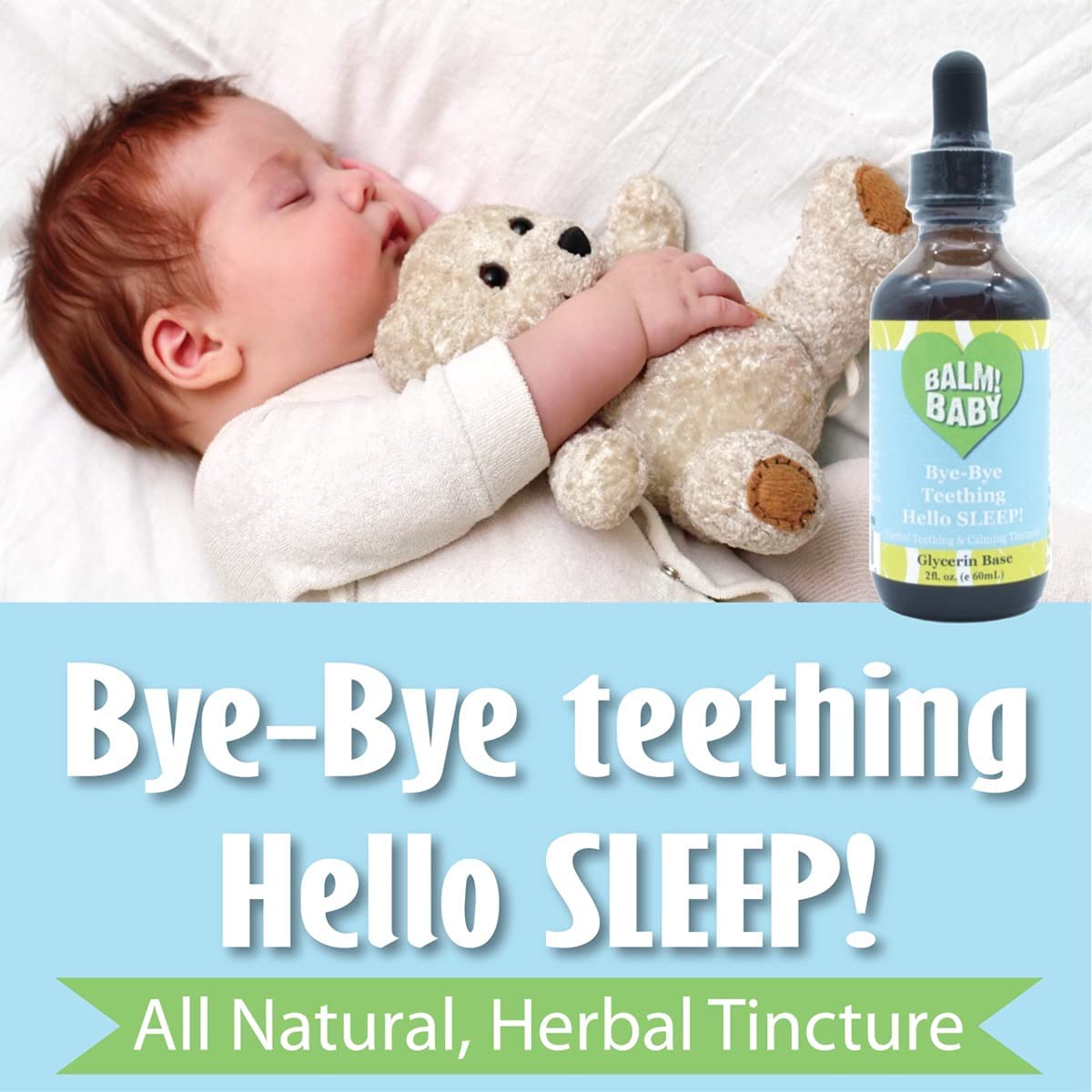 BALM! Baby Bye-Bye Teething, Hello Sleep! Natural & Organic Baby Teething Relief & Calming Tincture | Soothes Inflamed Gums, Irritability & Pain β Encourages Sleep | Glass Bottle (Glycerin, 2-PK)