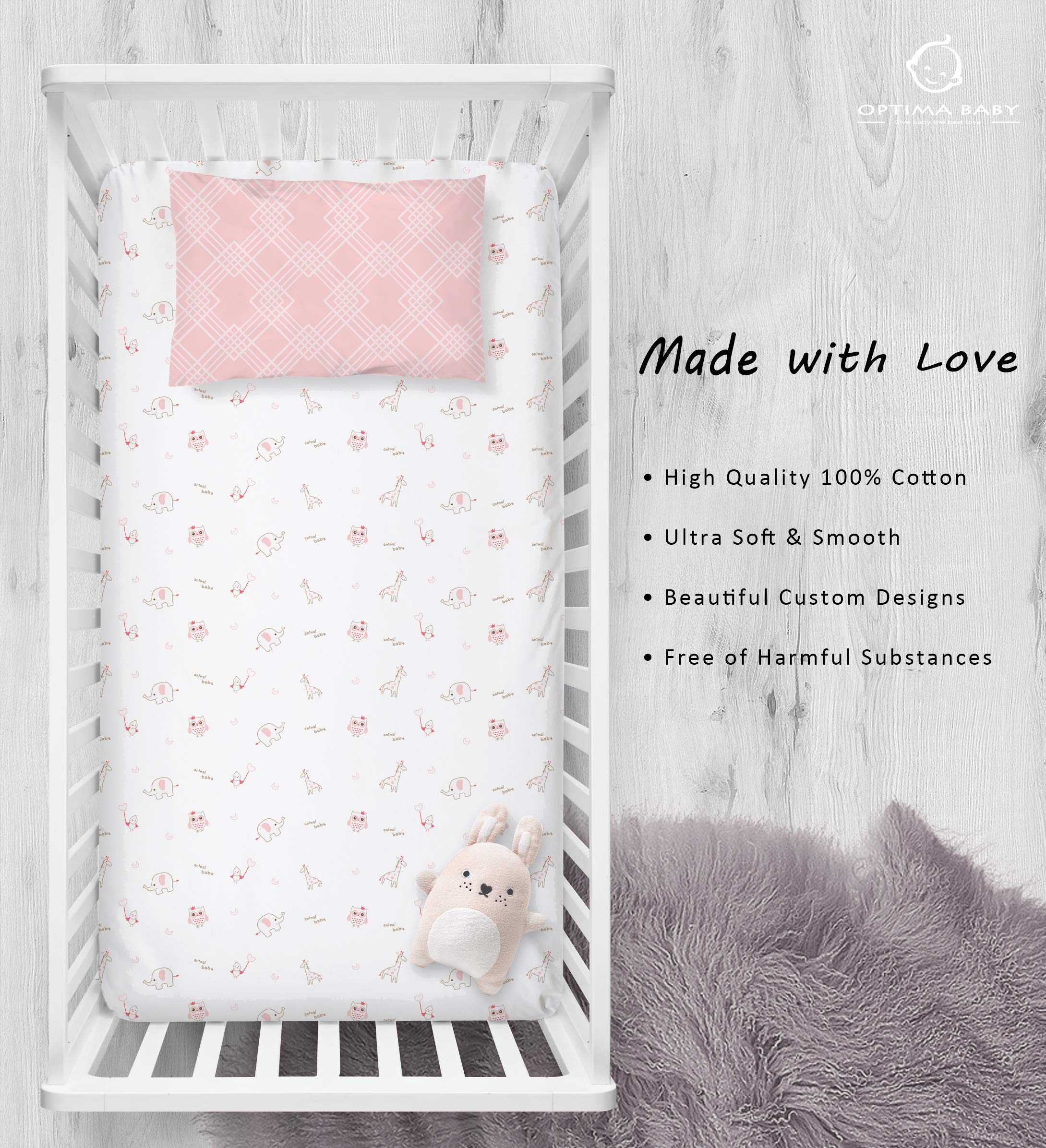 OptimaBaby Pink Crib Sheets, Animals Fitted, 2 Count