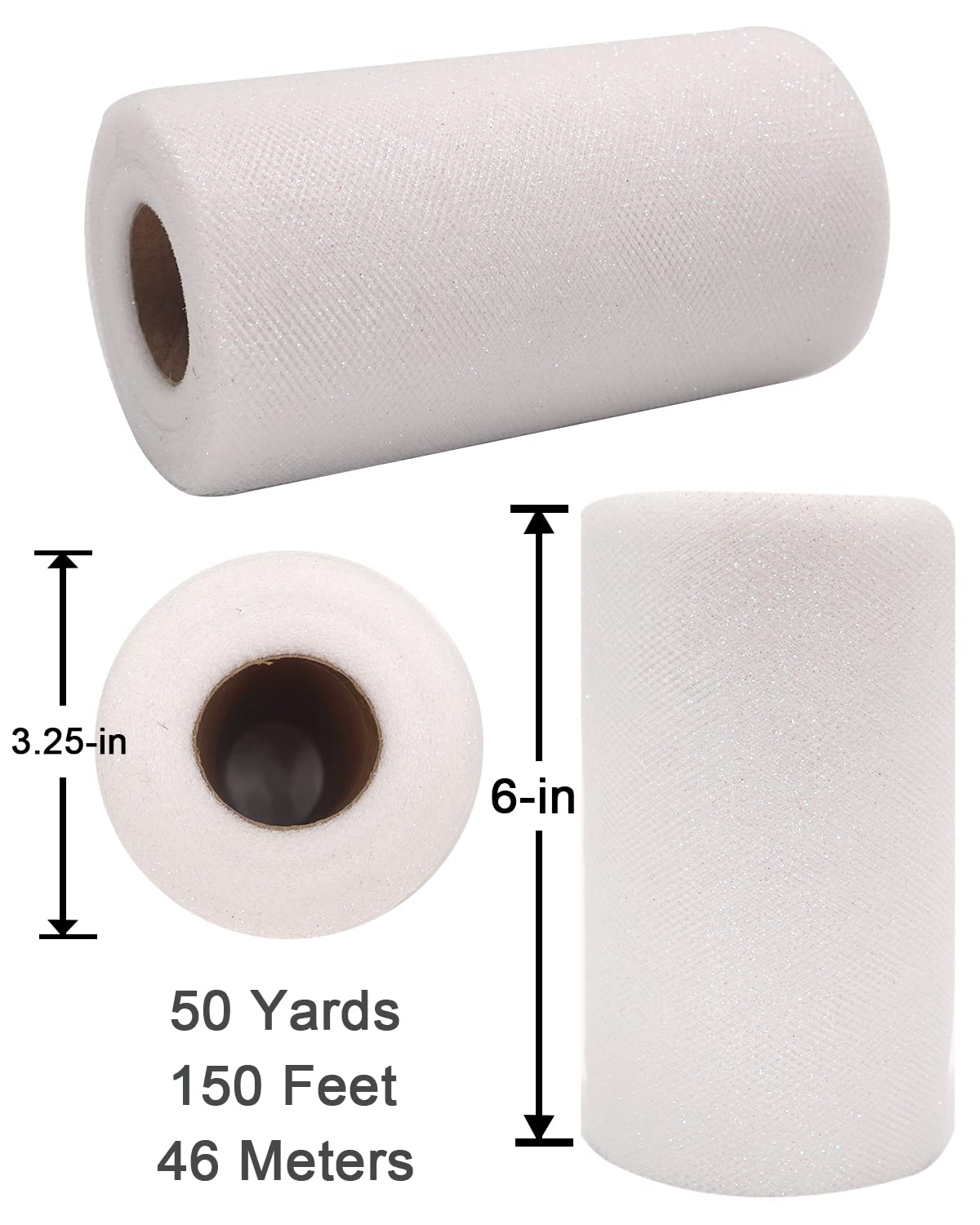 Glitter Tulle Fabric Rolls, 6 Inch 50 Yards (150ft) Sparkling Spool Ribbon Sequin Netting for Tutu Skirt Gift Wrapping Wedding Party Decoration (White)