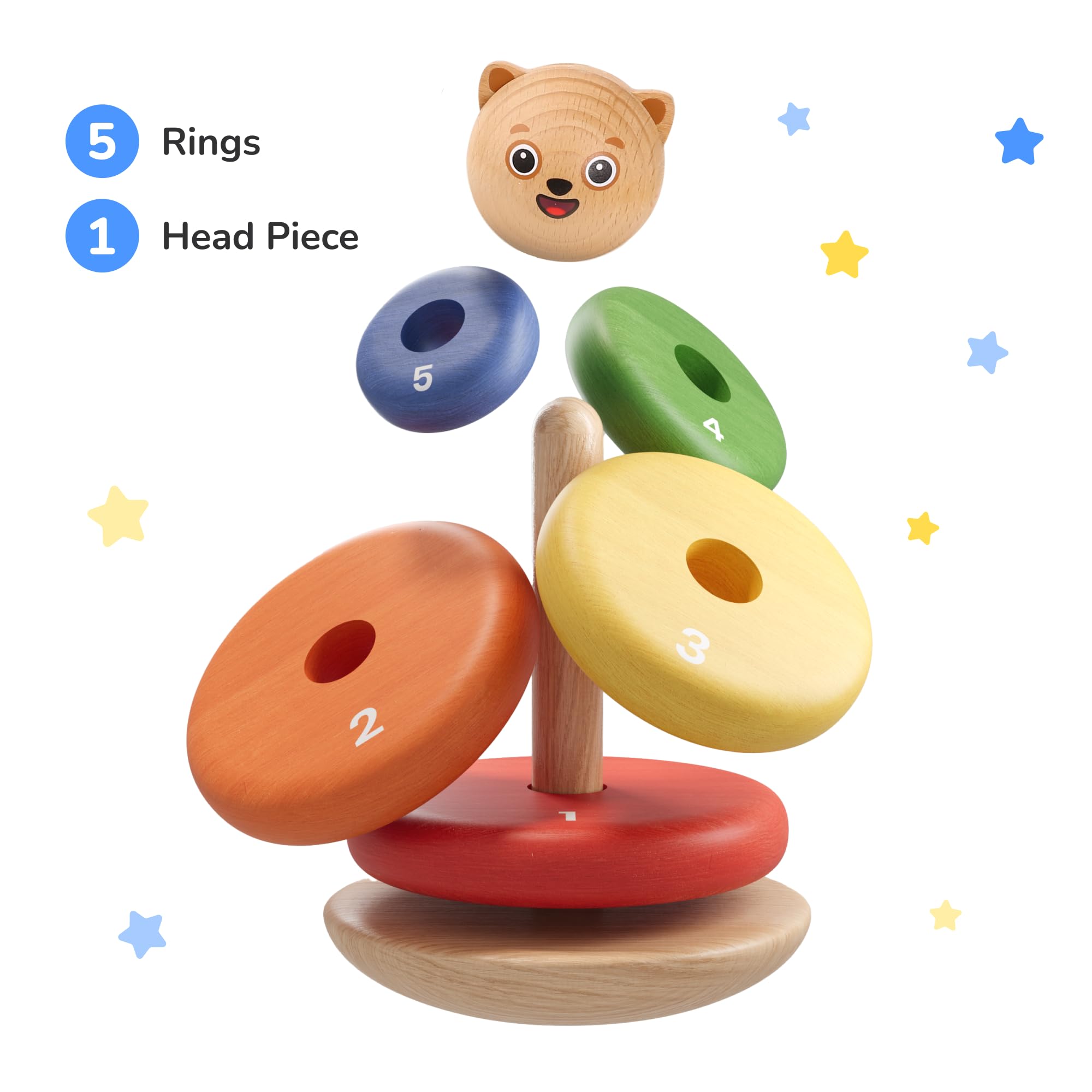 Bimi Boo Wooden Rainbow Stacking Rings for Toddlers - Ring Stacker Baby Toy with Roly-Poly Base - Montessori Early Counting Toy, Size Recognition Learning Activity - Ideal Baby Gift (5 Rings)