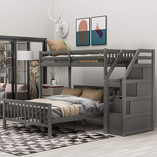 Goohome Twin Over Full Bunk Bed with Staircase, Wooden Twin Over Full Stairway Bunk Bed L Shaped Bunk Beds for Kids, Twin Loft Bed with Storage Drawers and Full Platform Bed, No Box Spring Needed