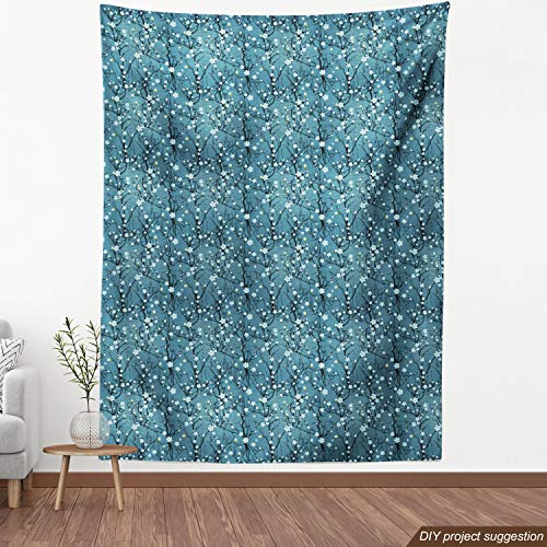 Lunarable Floral Fabric by The Yard, Sakura Tree Branches Pale Japanese Cherry Blossom Spring Form, Decorative Fabric for Upholstery and Home Accents, 1 Yard, Blue Black