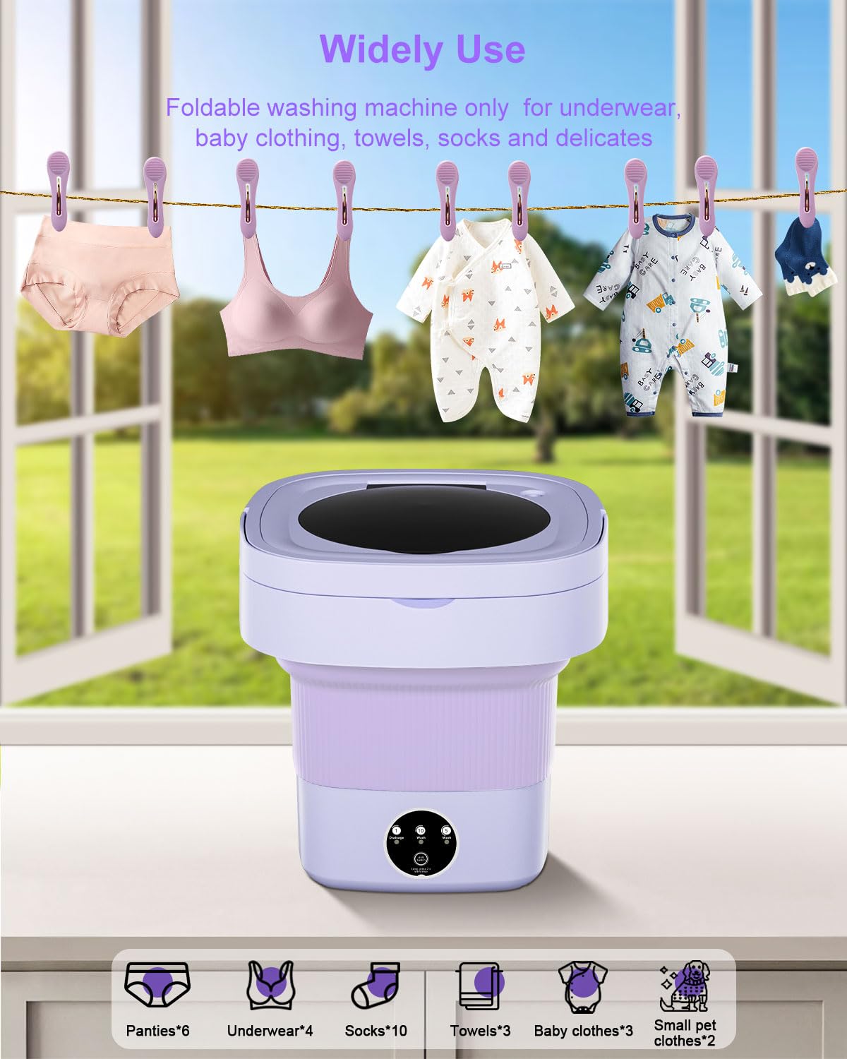Portable Washing Machine, 9L Mini Laundry Washer with 3 Modes Cleaning for Underwear, Baby Clothes, Sock, Small Delicates. Foldable Washer and Dryer Combo for Apartment, Home, Hotel,Camping,RV(Purple)