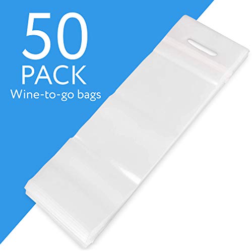 IMPRESA - Clear Plastic To Go Wine Bags with Handles - 50 Pack - Great for Restaurants, Bars, Travel, and Housewarming Gifts - Fits 25 oz Bottles - Tamper Proof Seal