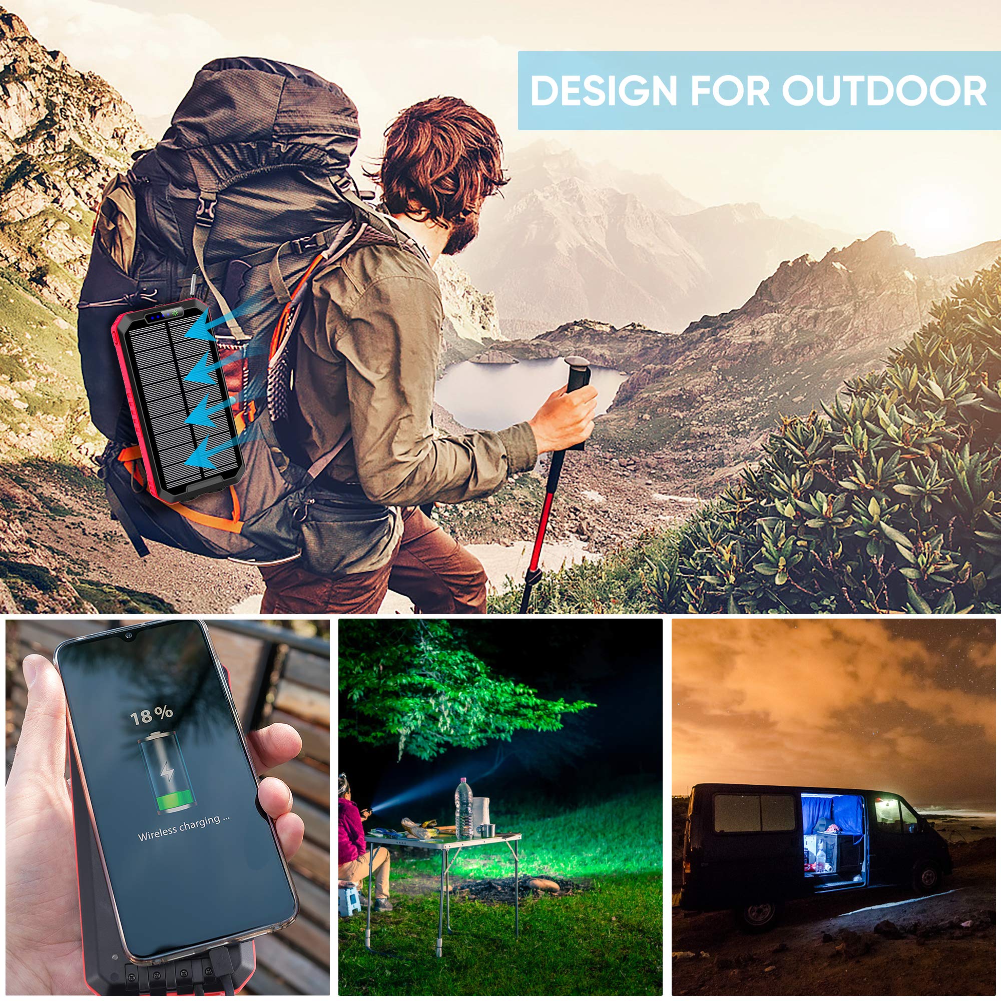 Solar Charger Power Bank OIMYE Solar Phone Charger 30000mAh, Type C Quick Charge 3.0, Wireless Portable Charger Power Bank with External 3 Cables & Flashlight for iPhone, Android, Tablet, Camping