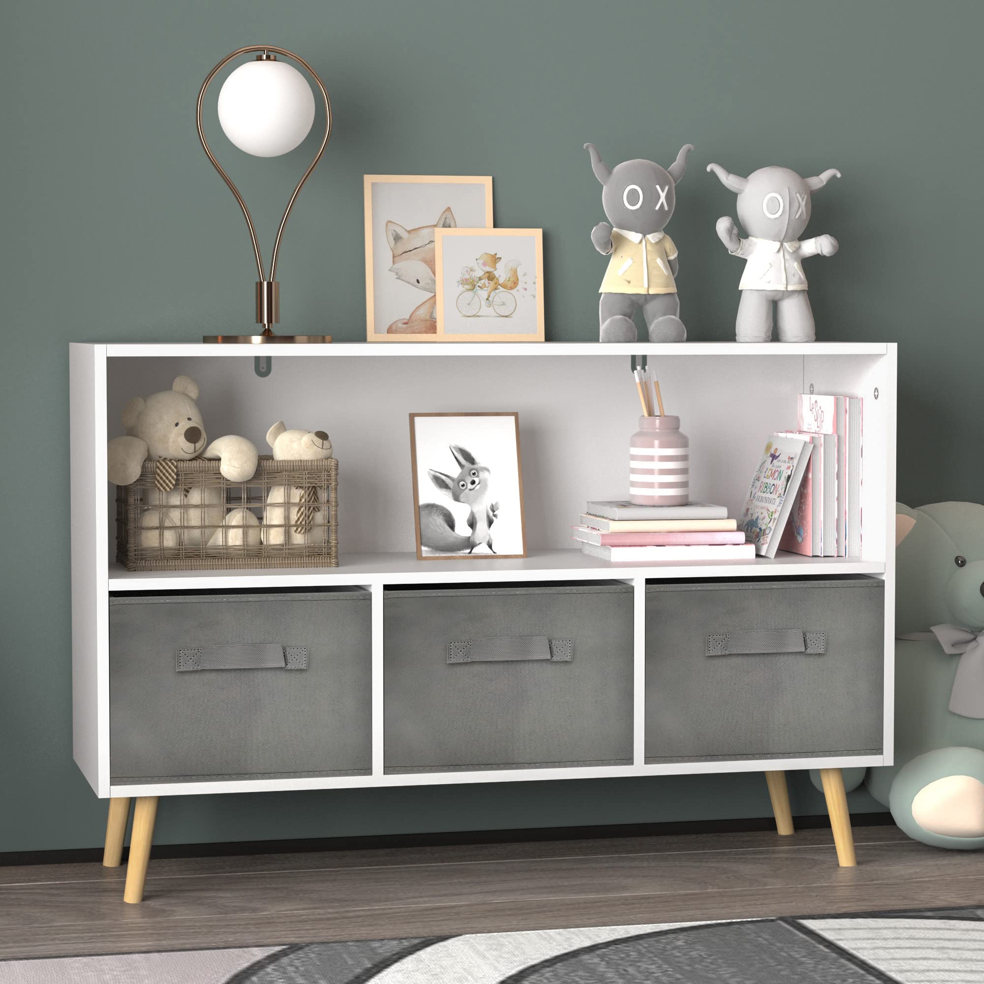 GOAWGO Kids Bookshelf Toy Storage Organizer with Collapsible Fabric Drawers, Wood Children Bookcase, Toy and Book Storage Display Organizer for Playroom,Bedroom, Nursery School (White+Gray)