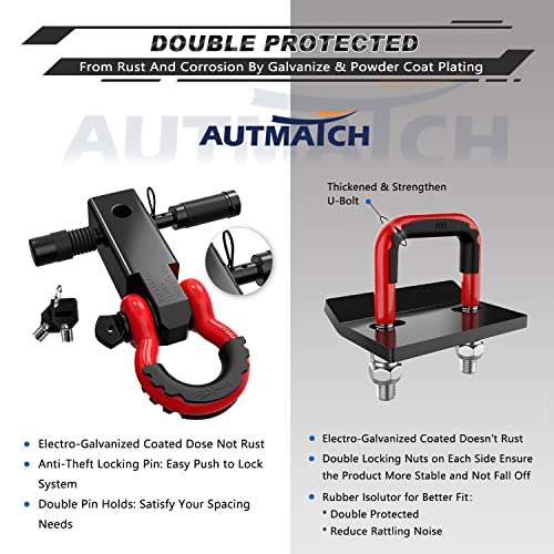 AUTMATCH Shackle Hitch Receiver 2 Inch with Hitch Tightener Anti-Rattle Clamp, 3/4" D Ring Shackle and 5/8" Trailer Hitch Lock Pin, Heavy Duty Receiver Kit for Vehicle Recovery, Red & Black