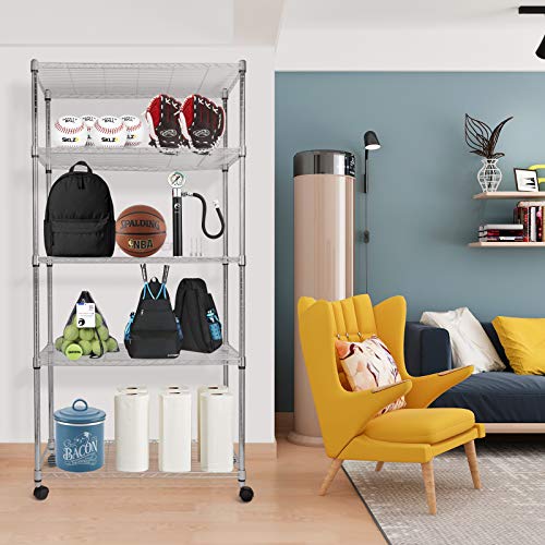 HealSmart Heavy Duty 5-Tier Height Adjustable Metal Shelving Unit, 36'' L x 14'' W x 61.02'' H, Chrome (HKSHLF36146005CV4)