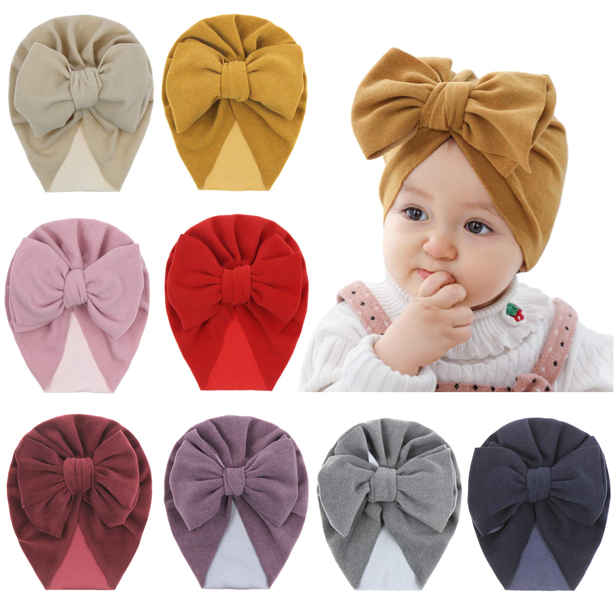 inSowni 8 Pack Super Soft Velvet Solid Nursery Hospital Turban Hat Cap Beanie Bonnet with Big Bow for Baby Girls Toddlers Newborns Infants