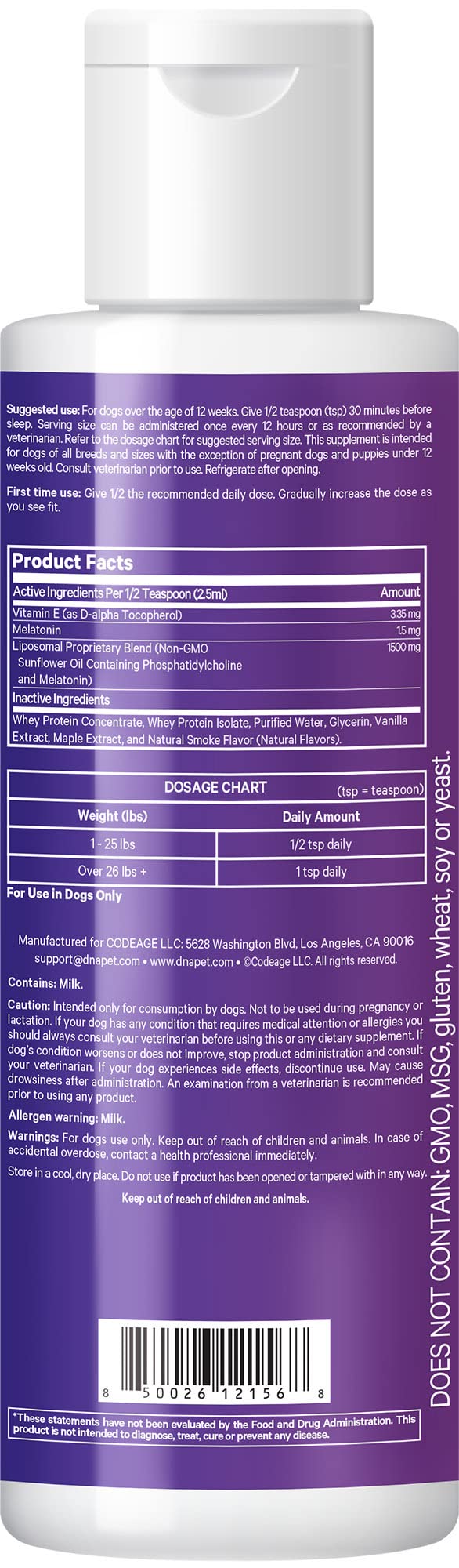 DNA PET Happy Sleep Melatonin Liquid Drops, Vitamin E Calm Formula, Whey Protein Canine Care Supplement, Phospholipid Complex & Phosphatidylcholine, Smoked Bacon Flavor, Sugar-Free, Non-GMO, 7.6 fl oz