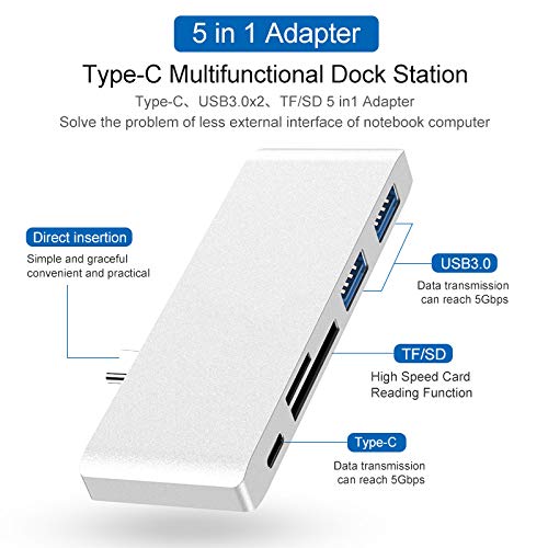 5 in 1 Dongle USB C Hub Adapter with USB 3.0 Ports SD TF Card Readers for Laptops Fast Charging (Silver)