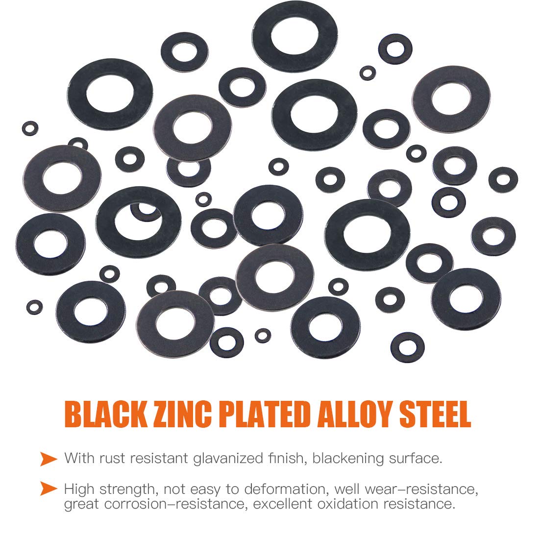Rustark 550-Pcs [9 Sizes] Black Zinc Plated Alloy Steel Flat Washers Set Hardware Assortment Kit - M2 M2.5 M3 M4 M5 M6 M8 M10 M12